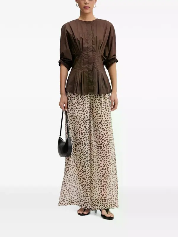 VICOLO Pleated Waist Puff-sleeve Blouse - Brown