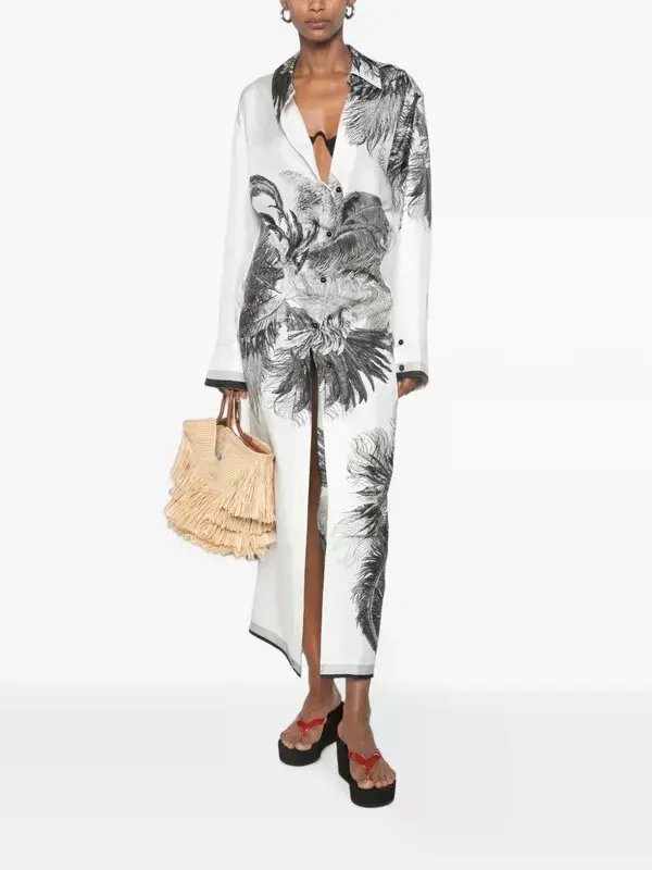 Attico Feather-print Maxi Shirt Dress - White