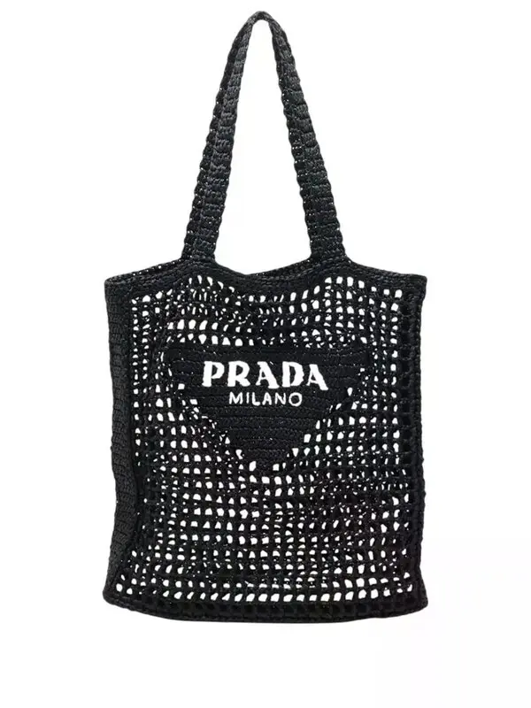 Prada Raffia Effect Crochet Embroidered Logo Tote Bag - Black