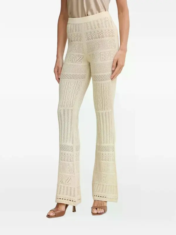 Patrizia Pepe Cream White Logo Pointelle Knit Flared Trousers