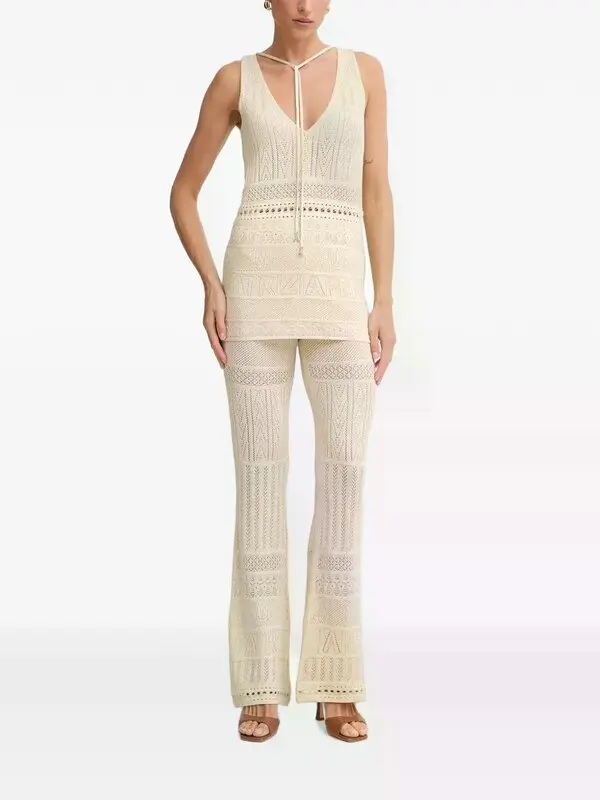 Patrizia Pepe Cream White Logo Pointelle Knit Flared Trousers