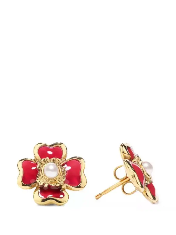 GOOSSENS Tone Brass Enamel Clover Stud Earrings With Faux Pearl - Gold