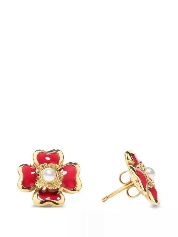 GOOSSENS Tone Brass Enamel Clover Stud Earrings With Faux Pearl