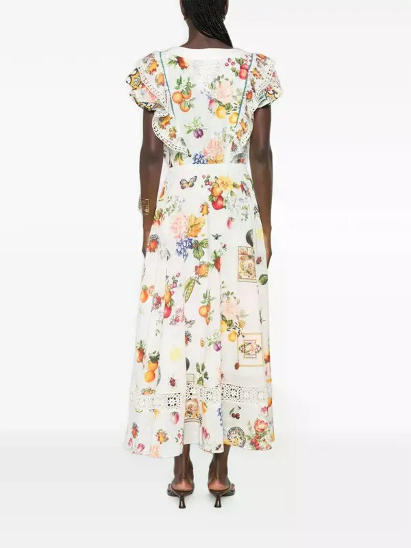 Camilla Fruit Print V-neck Ruffled Midi Dress