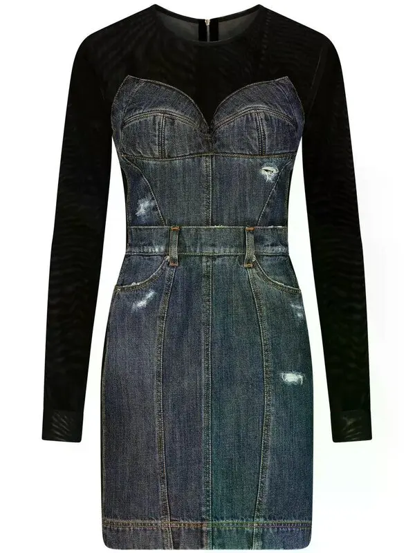 Dolce & Gabbana Long-sleeve Denim Mini Dress With Sheer Sleeves