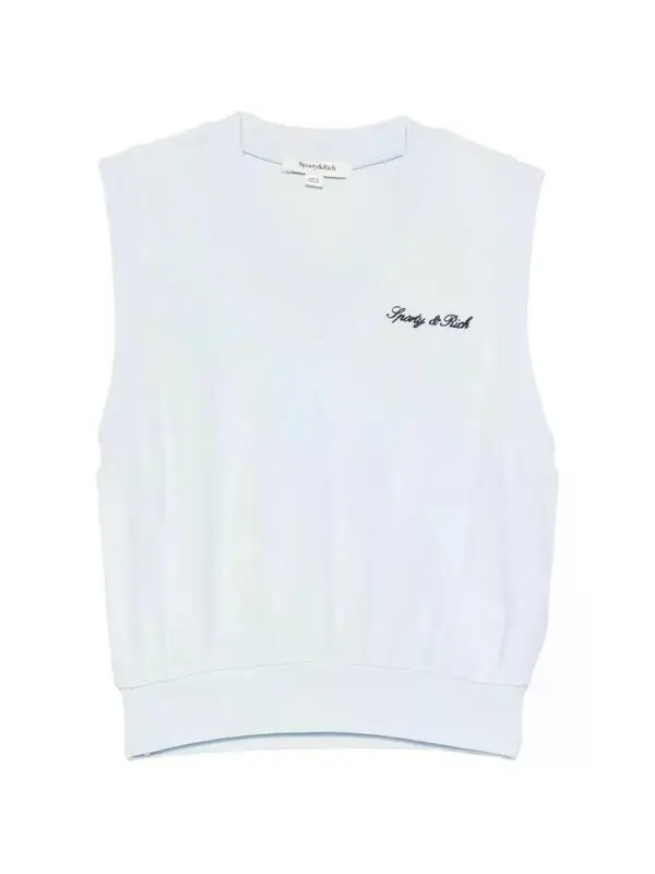 SPORTY & RICH V-neck Logo Embroidered Terry Cloth Vest - Blue
