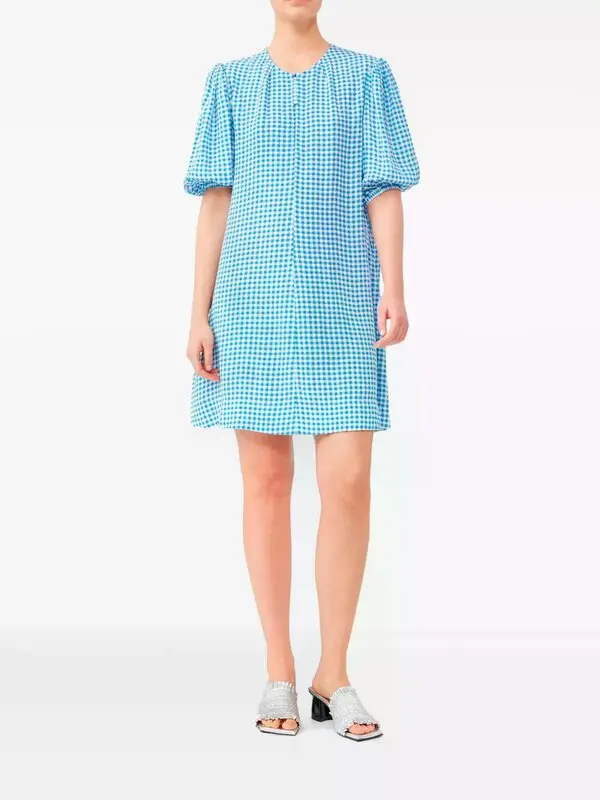 GANNI Checked Crepe Mini Dress - Blue