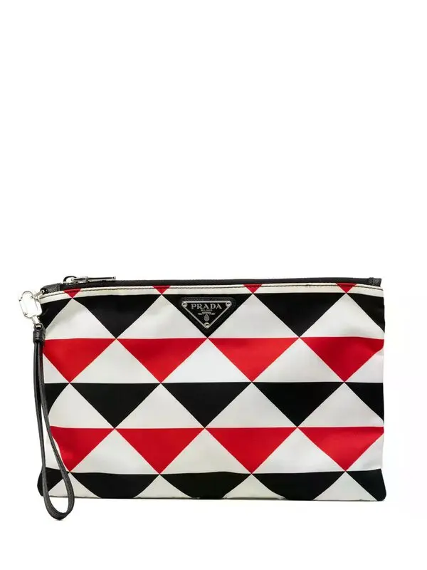 Prada Nylon Geometric Triangle Pattern Clutch Bag - White