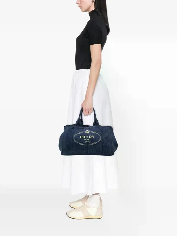 Prada Large Denim Canapa Logo Satchel - Blue