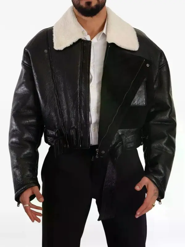 Dolce & Gabbana Belted Shearling Collar Leather Jacket