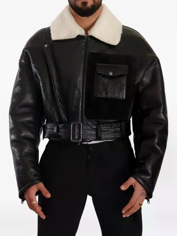 Dolce & Gabbana Belted Shearling Collar Leather Jacket