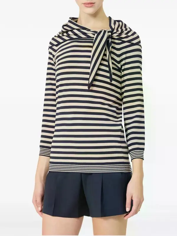 Max Mara Striped Tie-neck Quarter-sleeve Top - Black