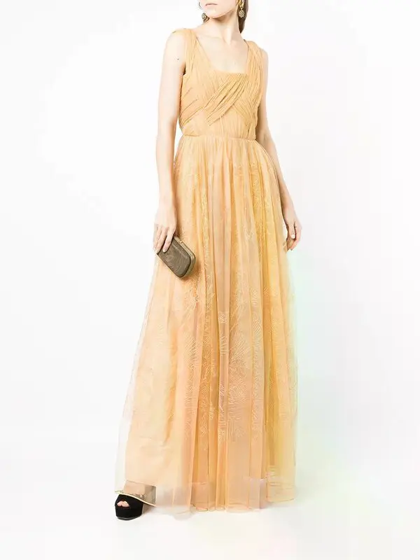 Alberta Ferretti Embroidered Motif Pleated Gown