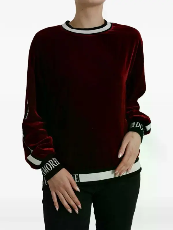 Dolce & Gabbana Burgundy Velvet Sweater With Logo Trim