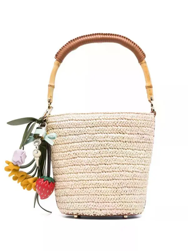 SELF-PORTRAIT Raffia Charm Bucket Bag - Neutrals