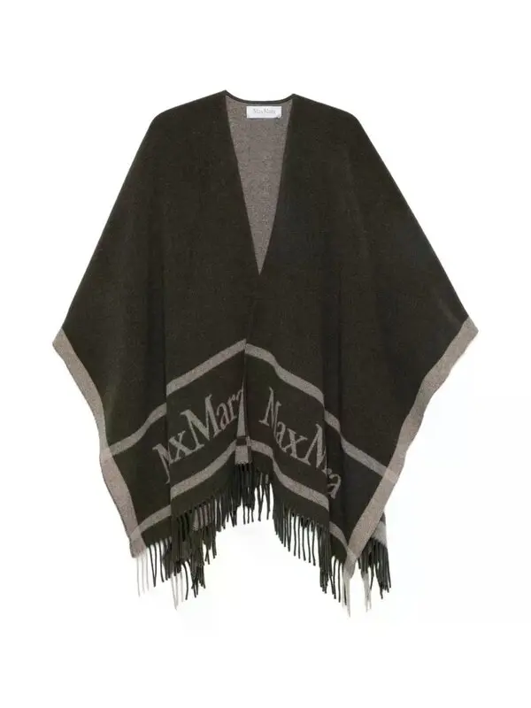 Max Mara Logo Intarsia Fringed Poncho Coat - Green