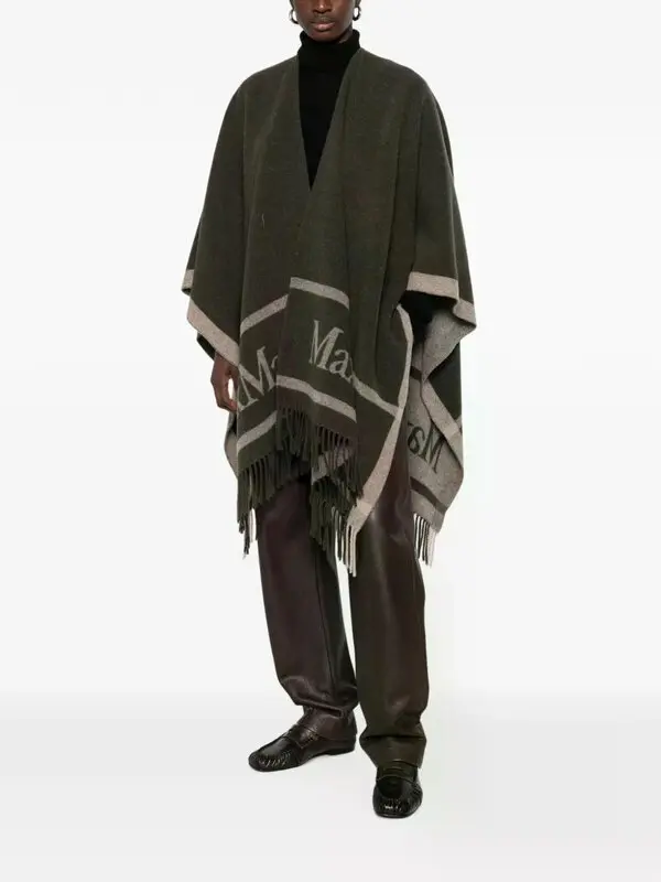 Max Mara Logo Intarsia Fringed Poncho Coat