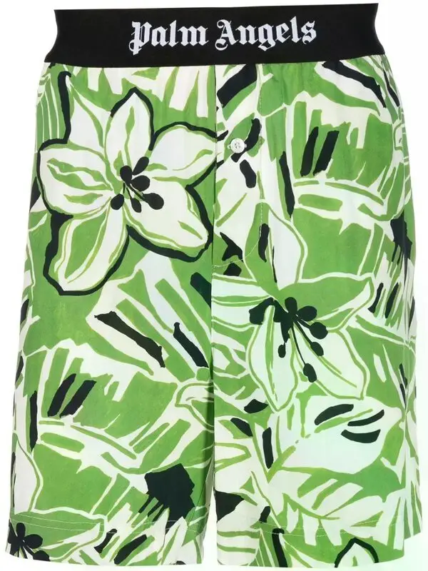 Palm Angels Floral Print Logo Waistband Shorts - Green