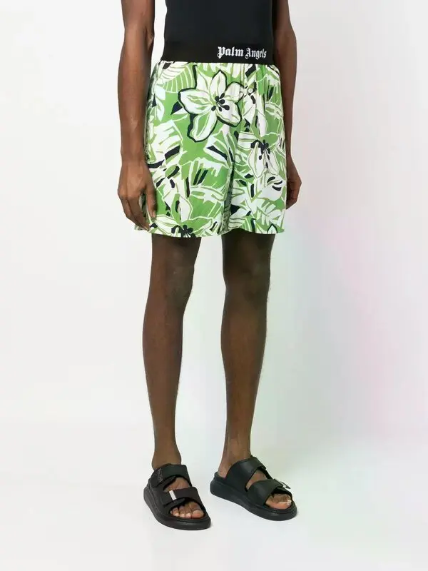 Palm Angels Floral Print Logo Waistband Shorts