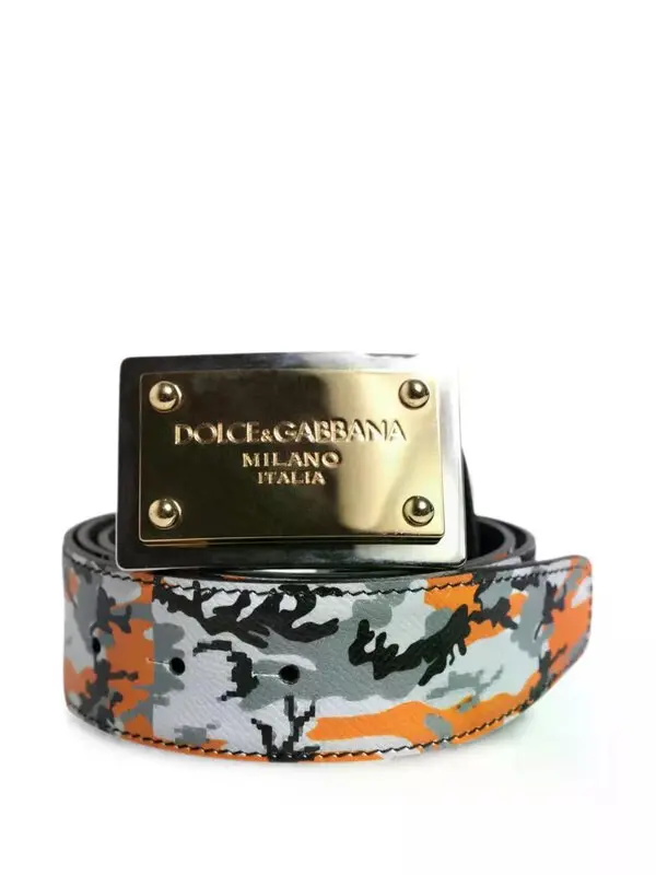Dolce & Gabbana Camouflage Print Logo Plaque Leather Belt