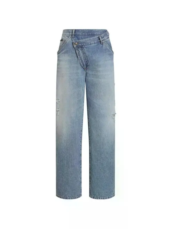 Dolce & Gabbana Asymmetric Waistband Distressed Straight Leg Jeans