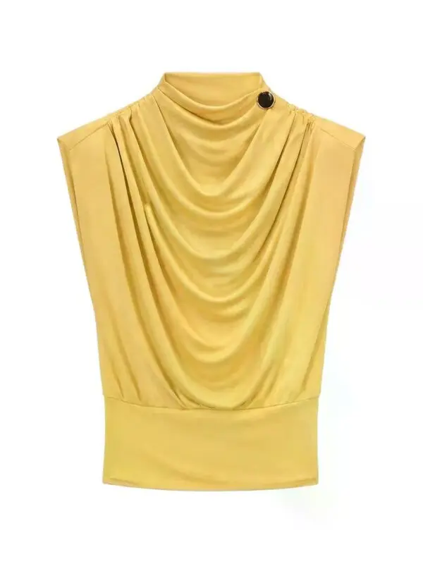 RETORI Sleeveless Draped Mock Neck Top With Button Detail