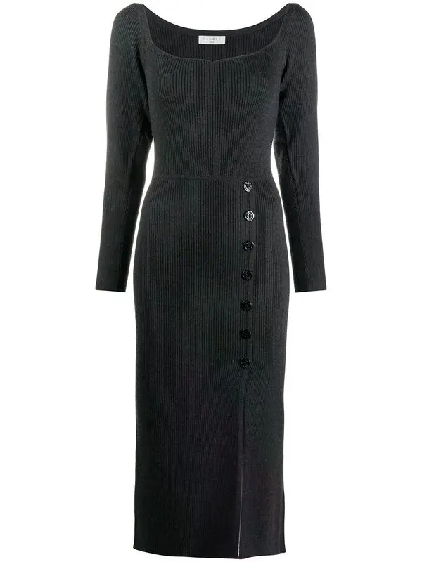 Sandro Ribbed Knit Sweetheart Neck Midi Dress With Button Detail