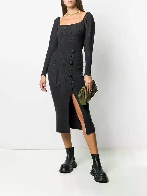 Sandro Ribbed Knit Sweetheart Neck Midi Dress With Button Detail