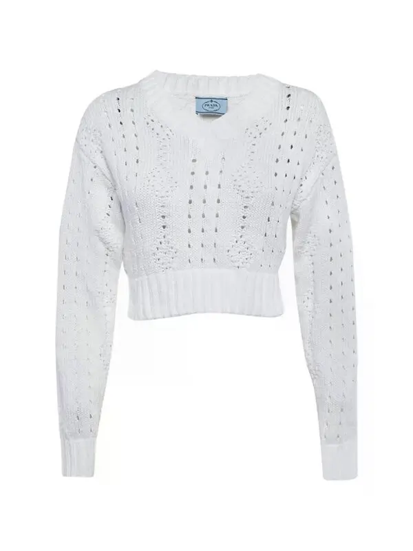 Prada Open-knit Cropped V-neck Sweater