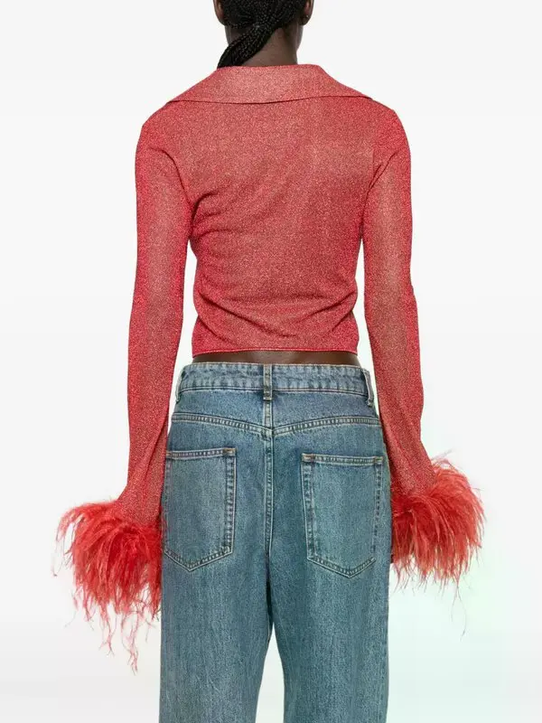 Oseree Metallic Feather-trimmed Cropped Top