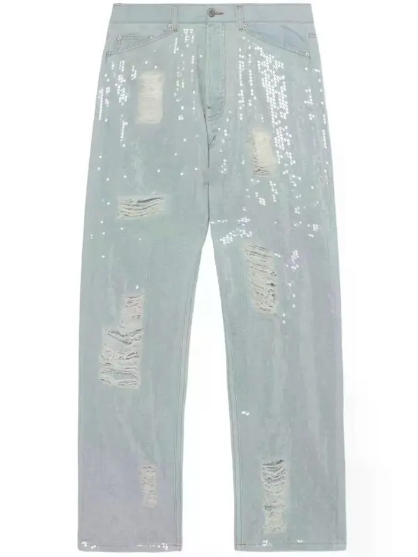 Palm Angels Sequin Embellished Ripped Straight Leg Jeans