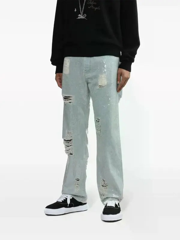 Palm Angels Sequin Embellished Ripped Straight Leg Jeans