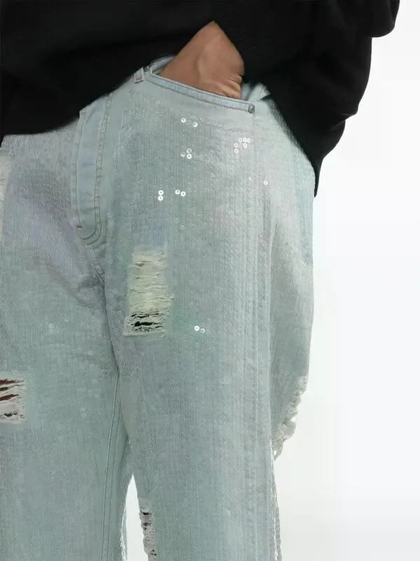 Palm Angels Sequin Embellished Ripped Straight Leg Jeans
