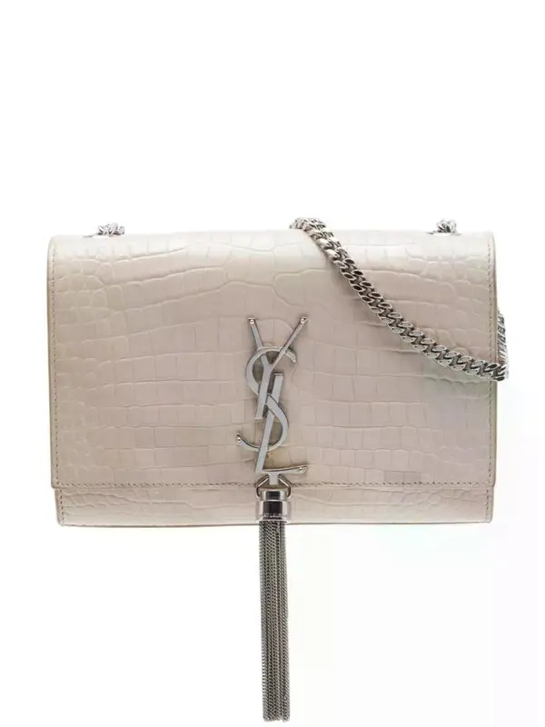 Saint Laurent Medium Croc Embossed Leather Monogram Kate Tassel Crossbody Bag - Brown
