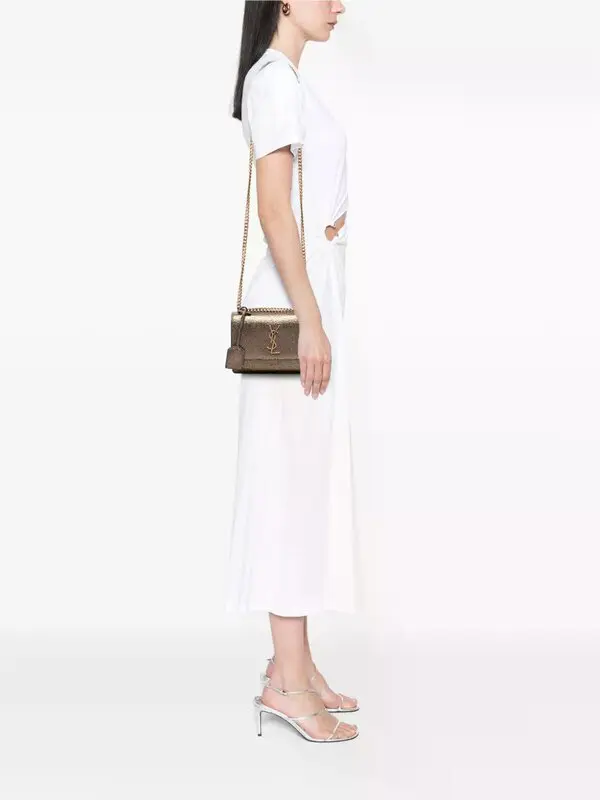 Saint Laurent Small Metallic Lizard Embossed Leather Monogram Sunset Crossbody Bag - Gold
