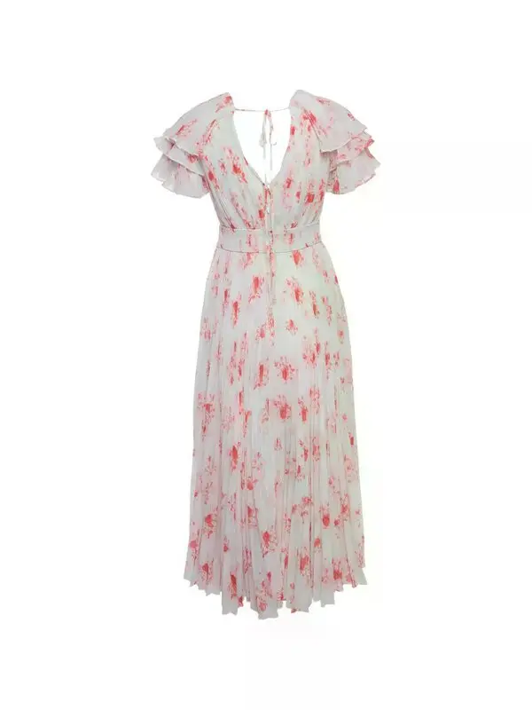 SELF-PORTRAIT Floral Print Pleated Midi Dress - White