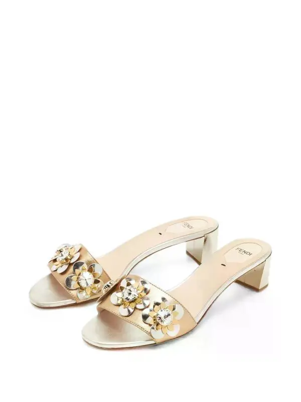 Fendi Tone Leather Floral Embellished Block Heel Sandals