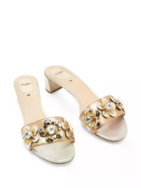 Fendi Tone Leather Floral Embellished Block Heel Sandals