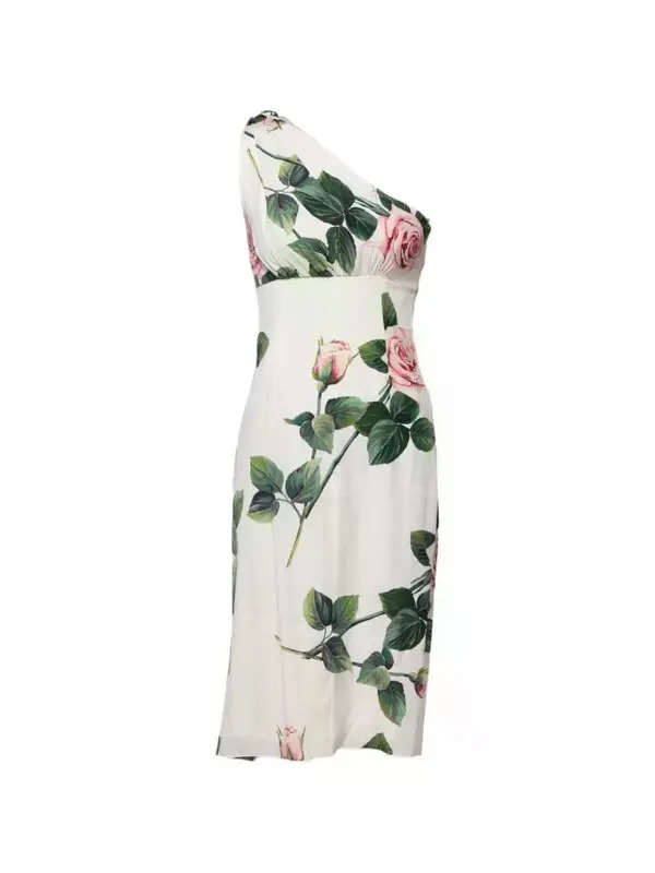 Dolce & Gabbana Rose-print Draped One-shoulder Midi Dress