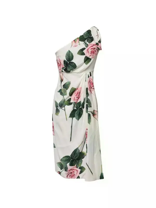 Dolce & Gabbana Rose-print Draped One-shoulder Midi Dress