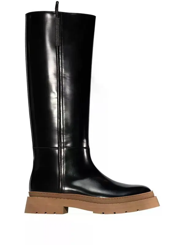 Brunello Cucinelli Knee-high Lug Sole Leather Boots With Monili Chain Detail