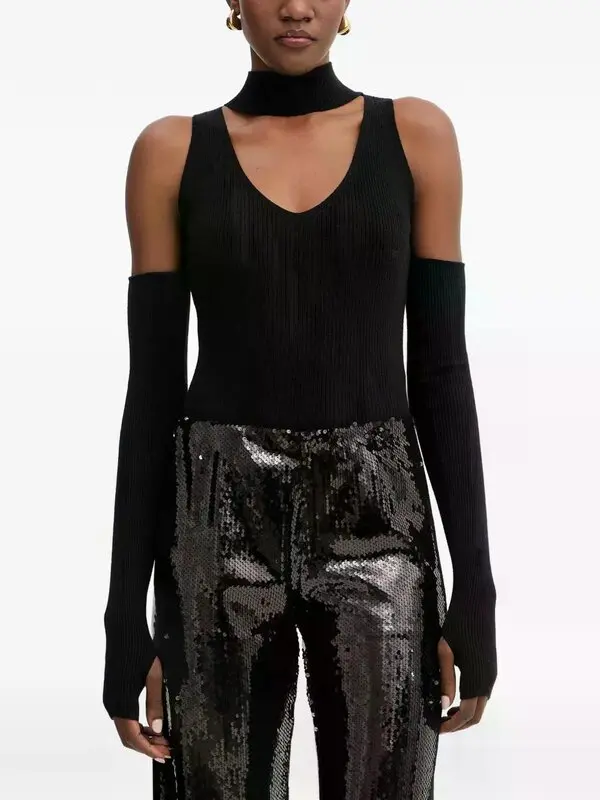 HAVEONE Ribbed V-neck Top With Integrated Collar And Detachable Sleeves