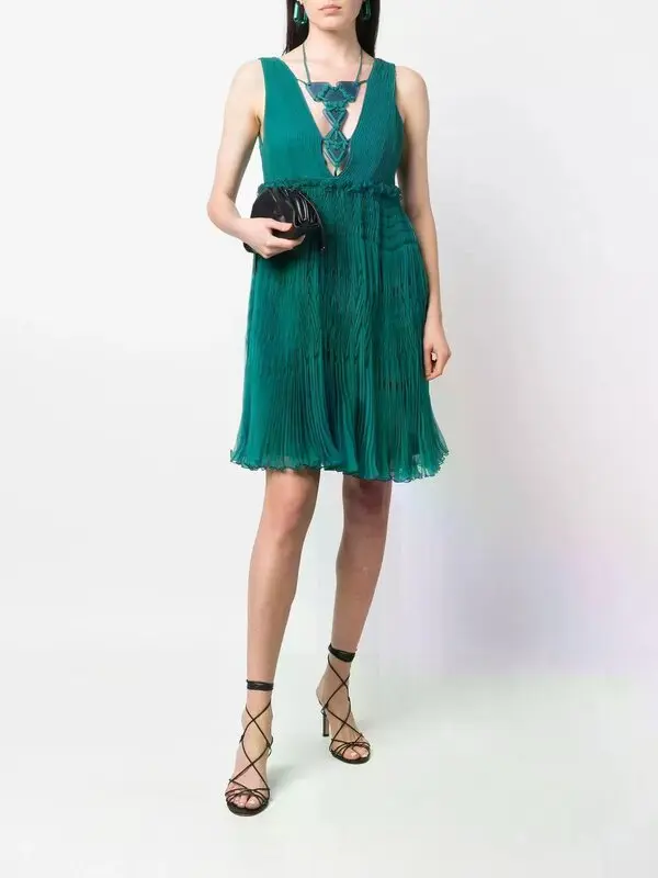 Alberta Ferretti Pleated V-neck Silk Dress