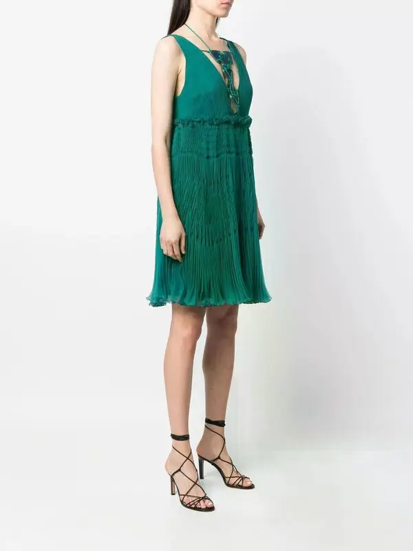 Alberta Ferretti Pleated V-neck Silk Dress