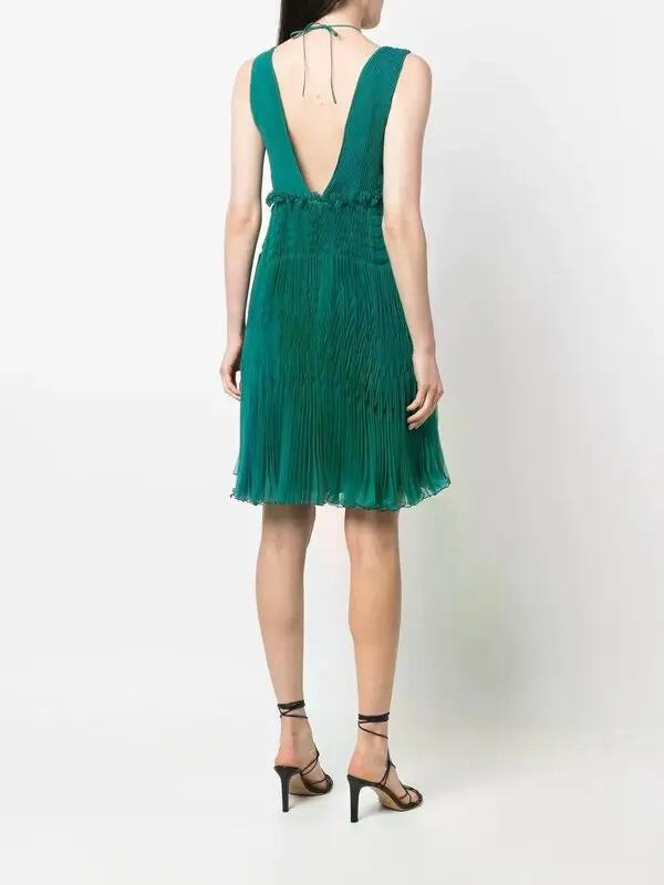 Alberta Ferretti Pleated V-neck Silk Dress