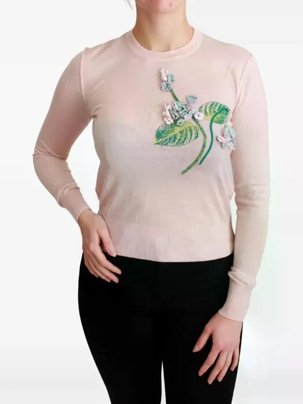 Dolce & Gabbana Floral Embroidered Cashmere Crew Neck Sweater