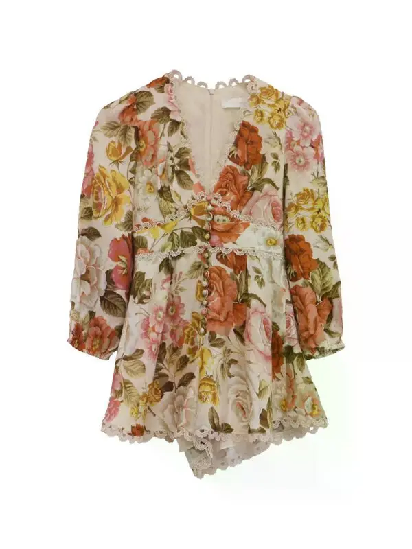 Zimmermann Bonita Floral Print Linen Romper - Neutrals