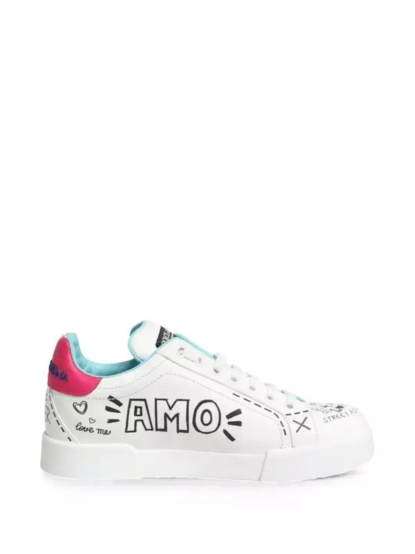 Dolce & Gabbana Graffiti Print Leather Lace Up Sneakers