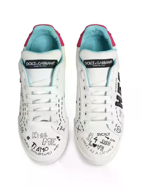 Dolce & Gabbana Graffiti Print Leather Lace Up Sneakers