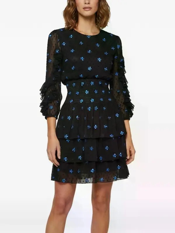 Maje Rocko" Swiss Dot Tiered Mini Dress With Floral Embroidery